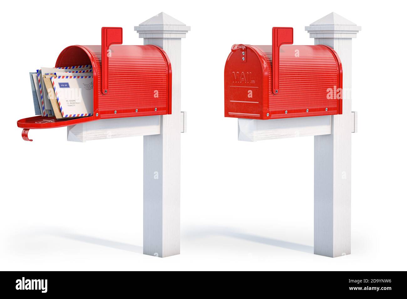Open and closed mailbox with letters isolated on white background. 3d ...