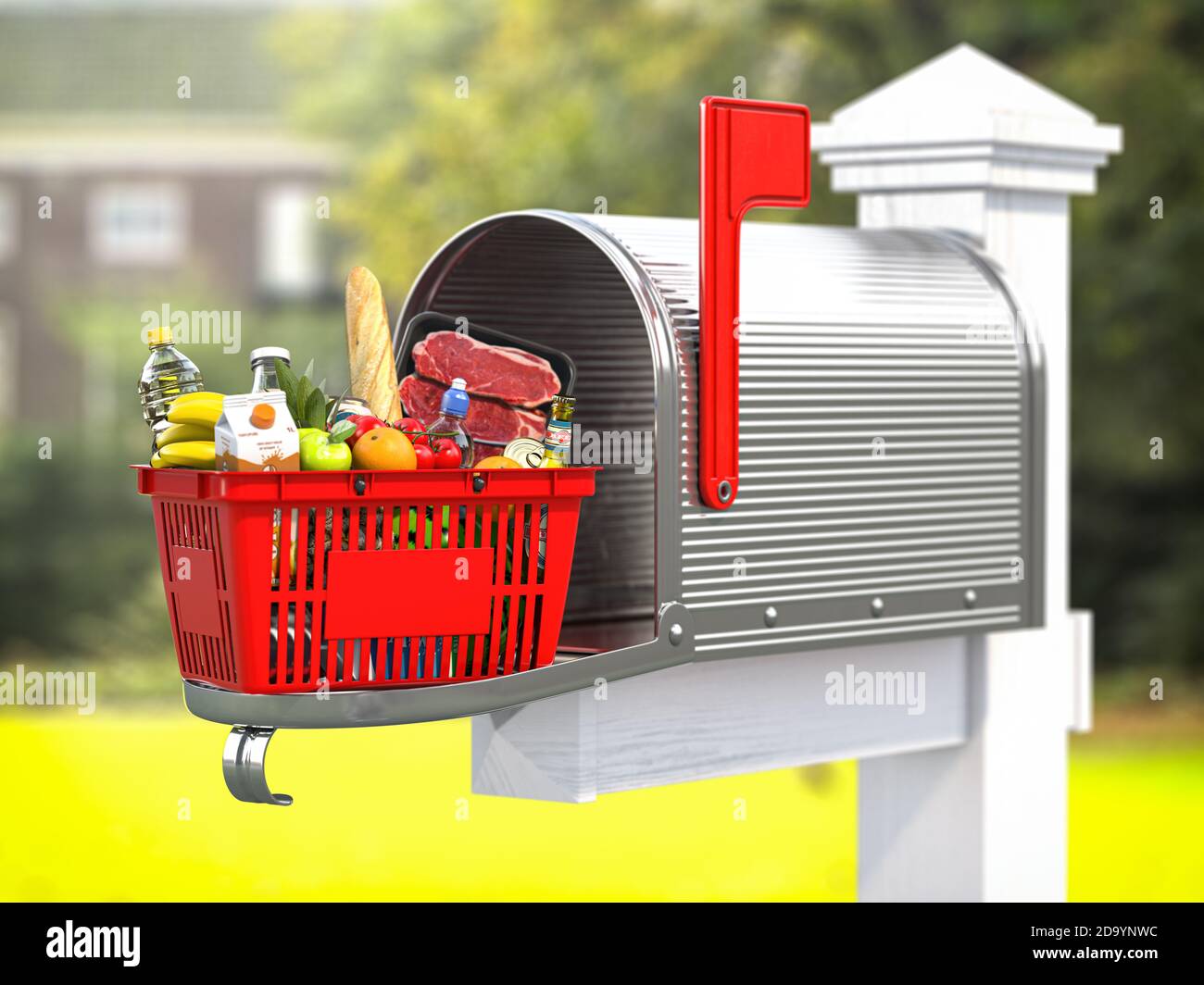 Shopping basket full of grocery products in mailbox. Online food ...