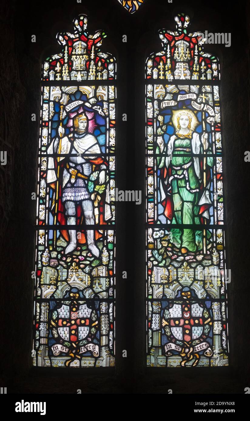 Cornwall, England, UK, October 5, 2020, Stained glass window in chapel ...