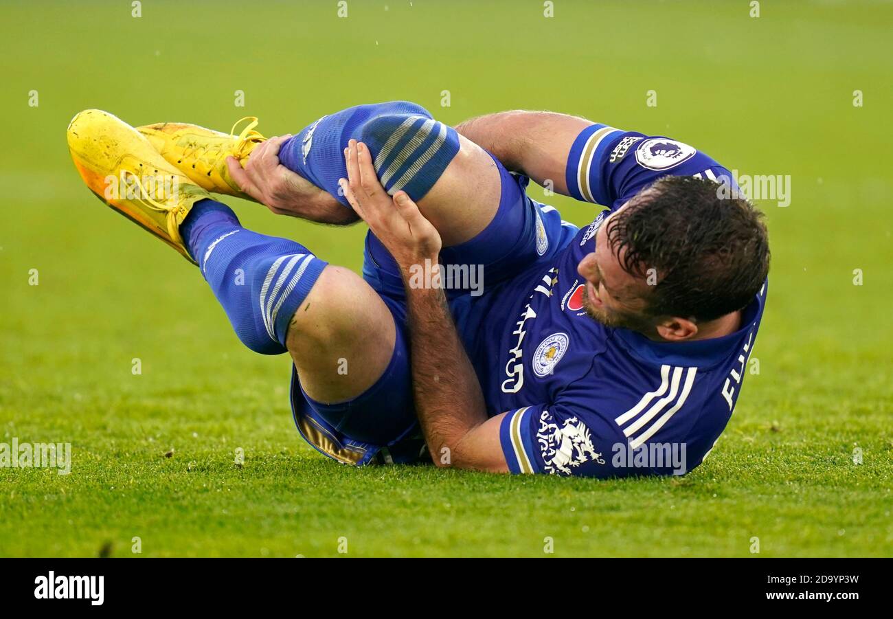 Leicester City's Christian Fuchs reacts on the floor during the Premier ...