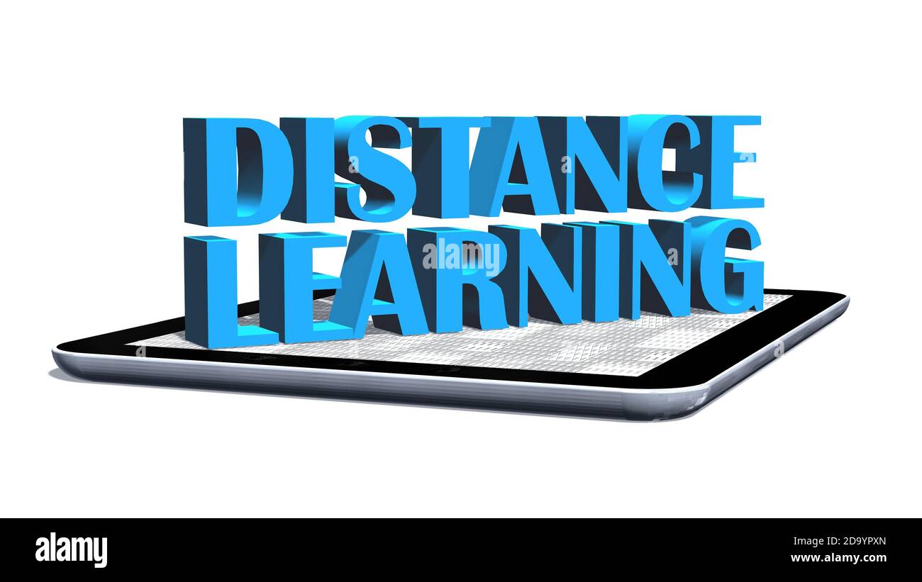 DISTANCE LEARNING - lettering shown over a tablet display - home office ...