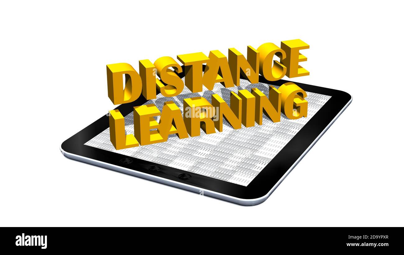 DISTANCE LEARNING - lettering shown over a tablet display - home office ...