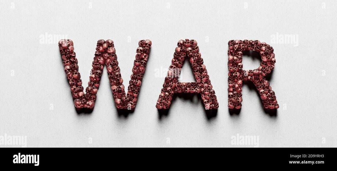 War text written with human skulls on a white surface 3d render 3d ...