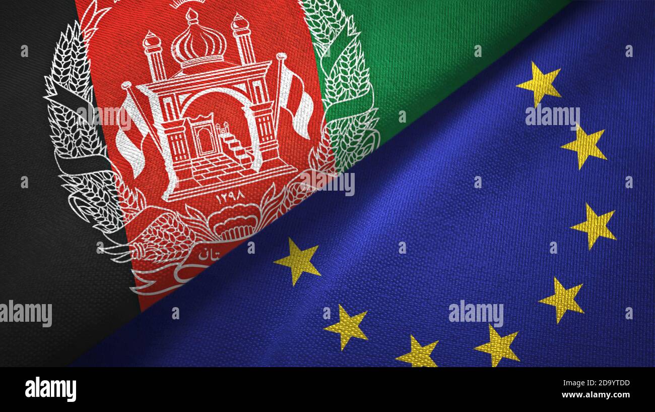 Afghanistan and European Union two flags textile cloth, fabric texture ...