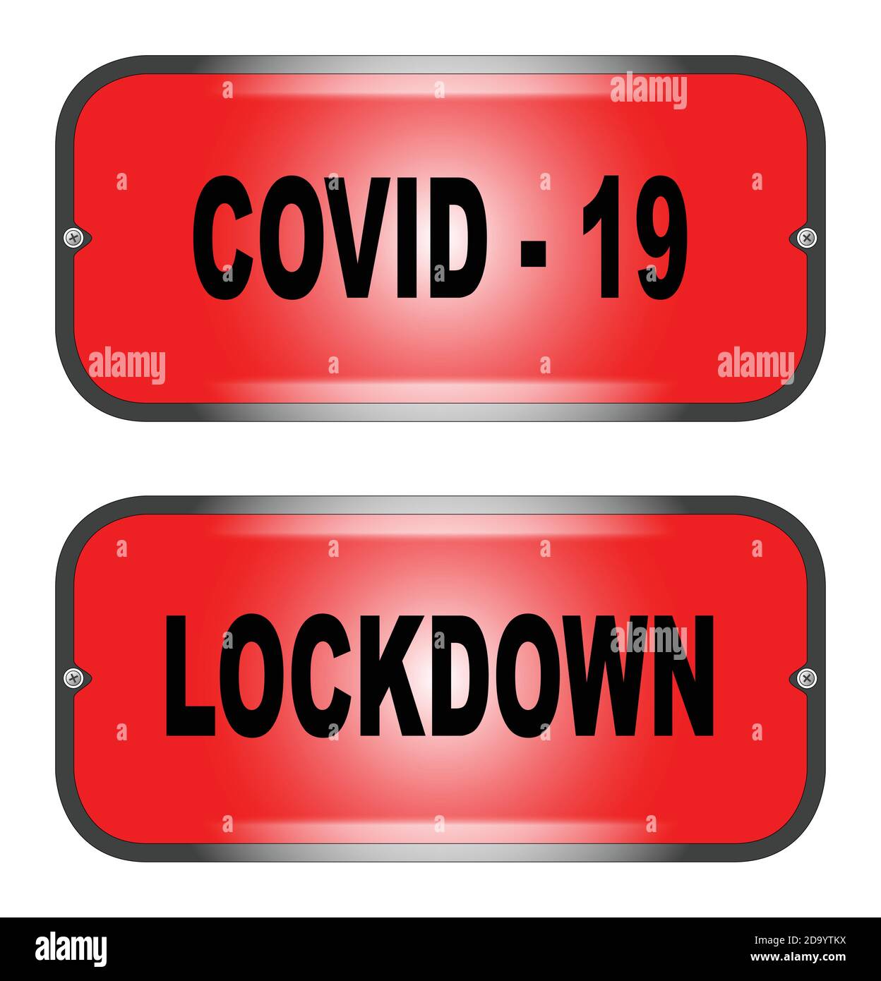 Two warning lights exclaiming Cobid 19 and Lockdown on a white ...