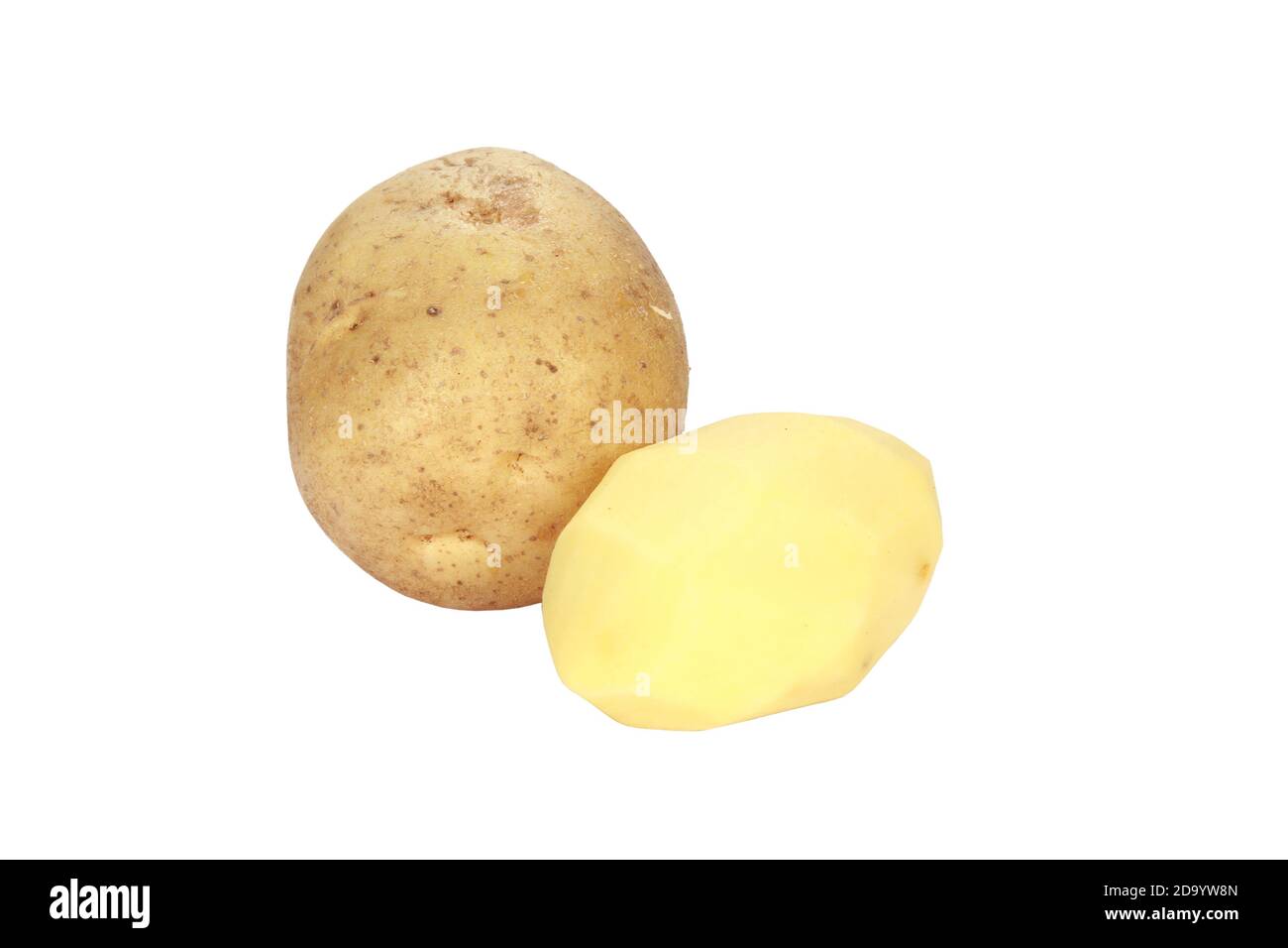 Closeup of peeled and unpeeled potatoes, isolated on white background ...