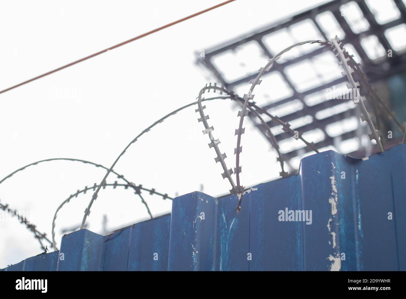 Barbed wire on the blue fence Stock Photo - Alamy