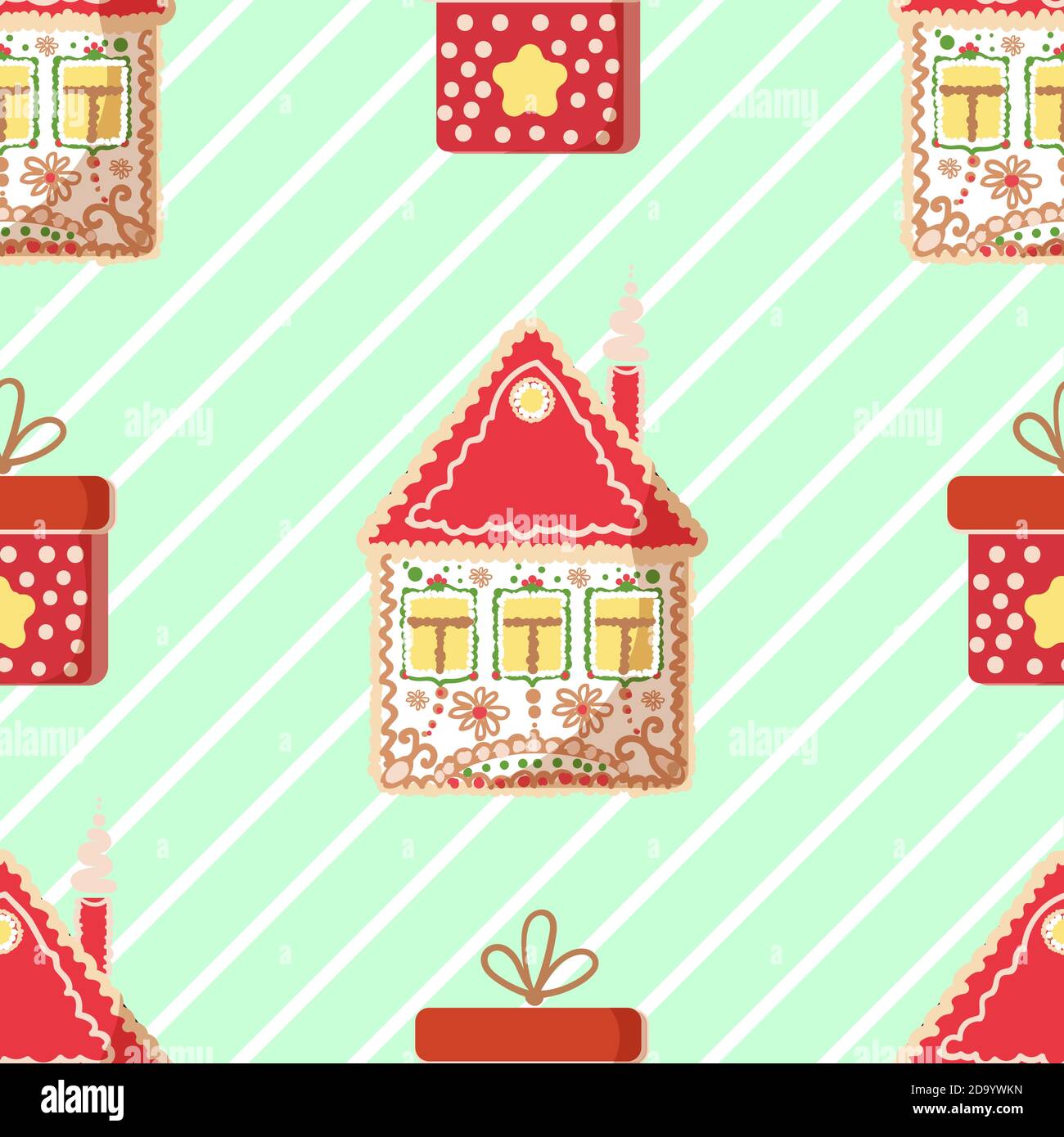Winter seamless pattern with gingerbread house. White stripes on a ...