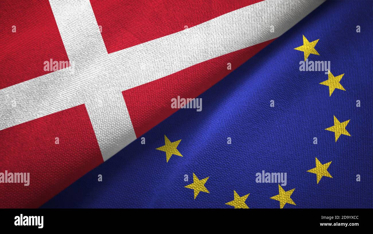 Denmark and European Union two flags textile cloth, fabric texture ...