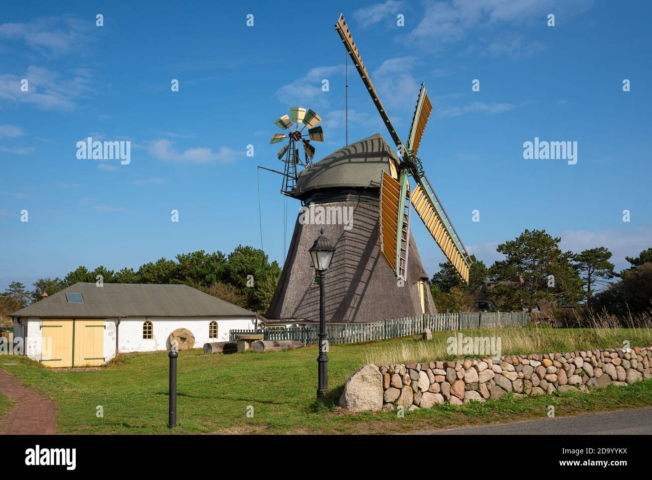 Panoramic image of the windmill of Nebel against blue sky, Amrum ...