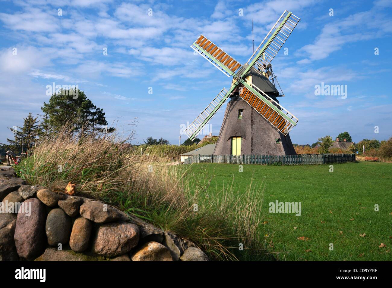 Panoramic image of the windmill of Nebel against blue sky, Amrum ...