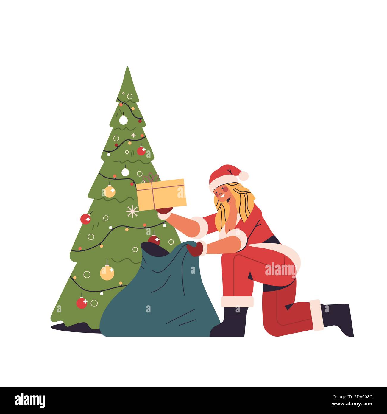 girl in santa claus costume packing gifts in sack happy new year merry ...