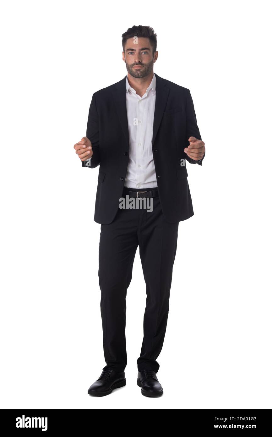 Full length portrait of young handsome business man in black suit ...