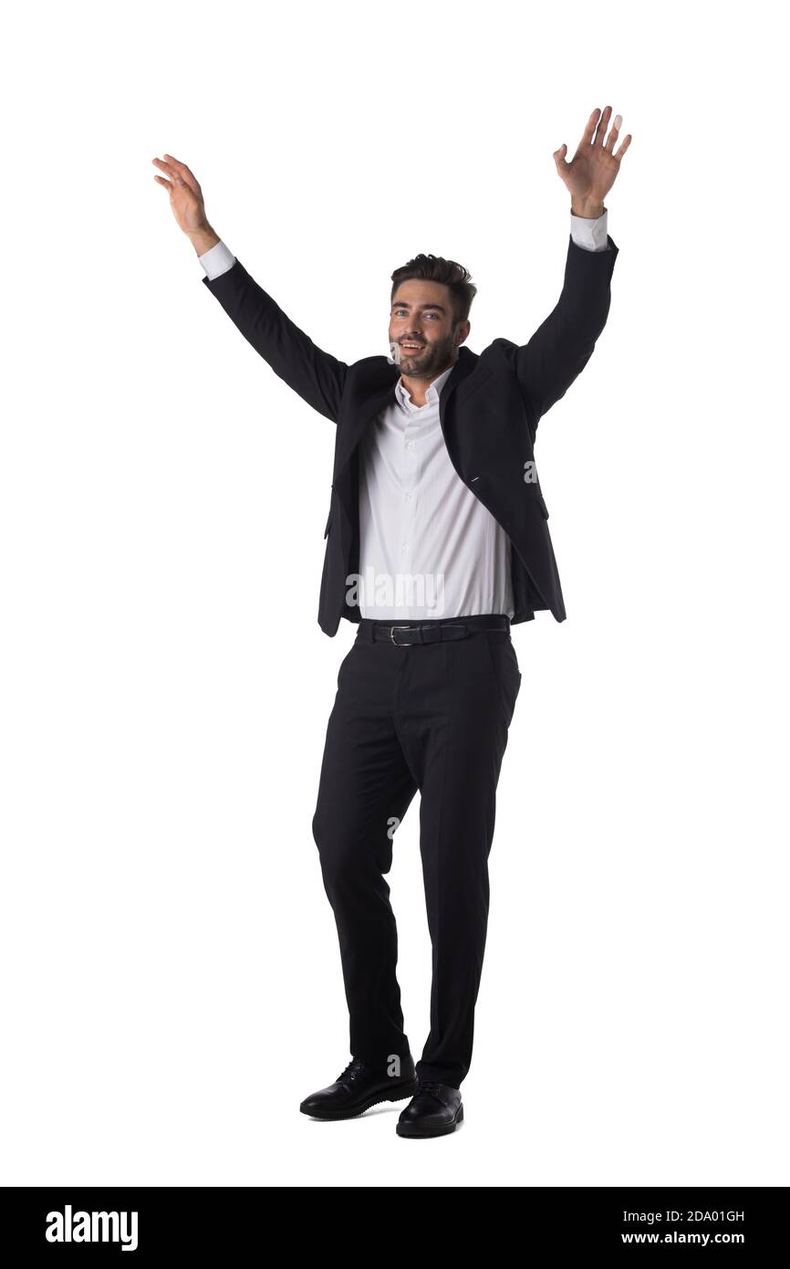 Full length portrait of young handsome business man in black suit with ...