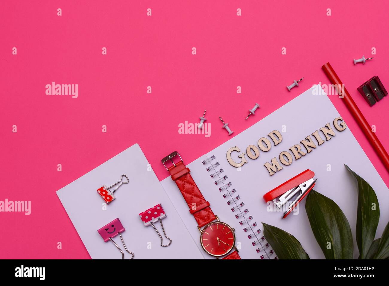 Modern office desk workplace with blank notebooks, wrist watch, pencil ...