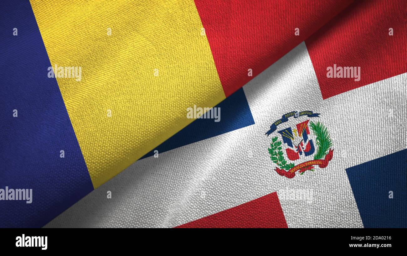Romania and Dominican Republic two flags textile cloth, fabric texture ...