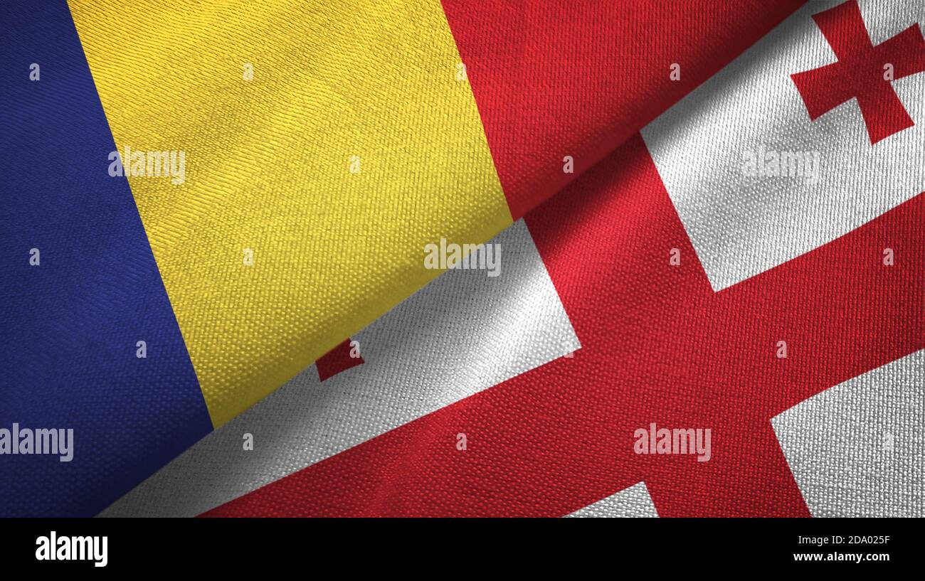 Romania and Georgia two flags textile cloth, fabric texture Stock Photo ...