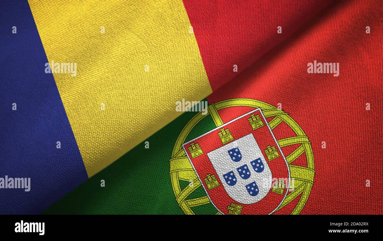 Romania and Portugal two flags textile cloth, fabric texture Stock ...