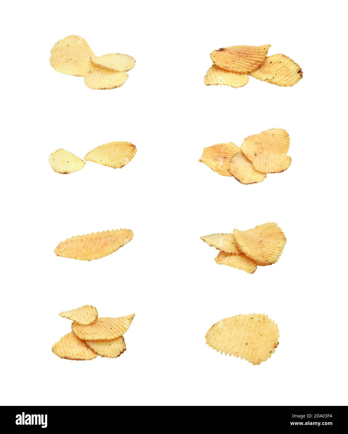 Closeup of different kinds of potato chips isolated on a white ...