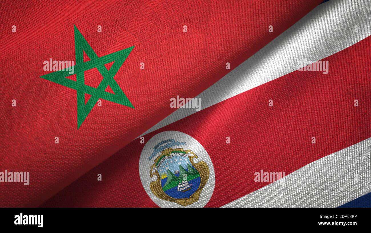 Morocco and Costa Rica two flags textile cloth, fabric texture Stock ...