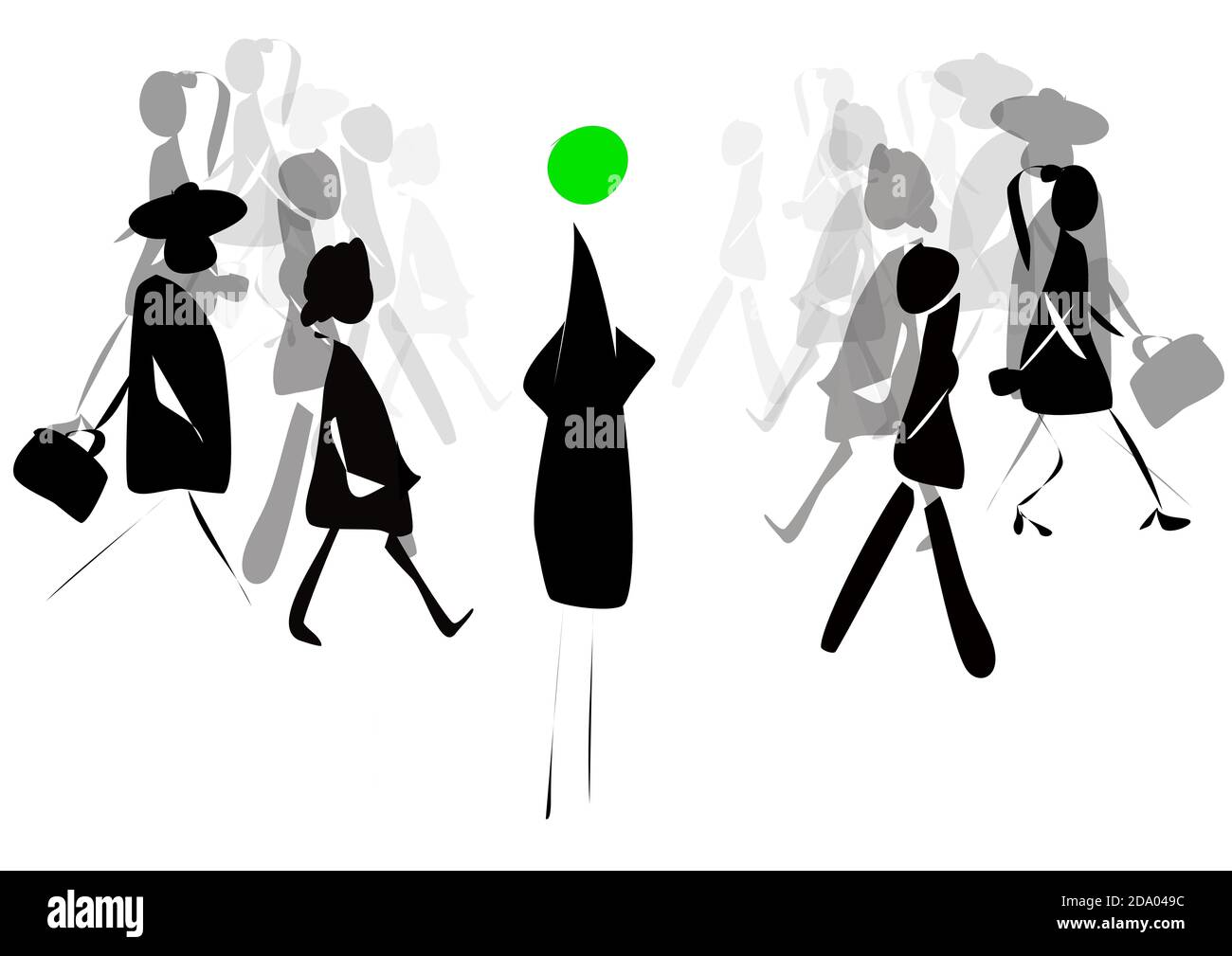 Concept drawing of a person standing mindful and calmly in a crowd of ...