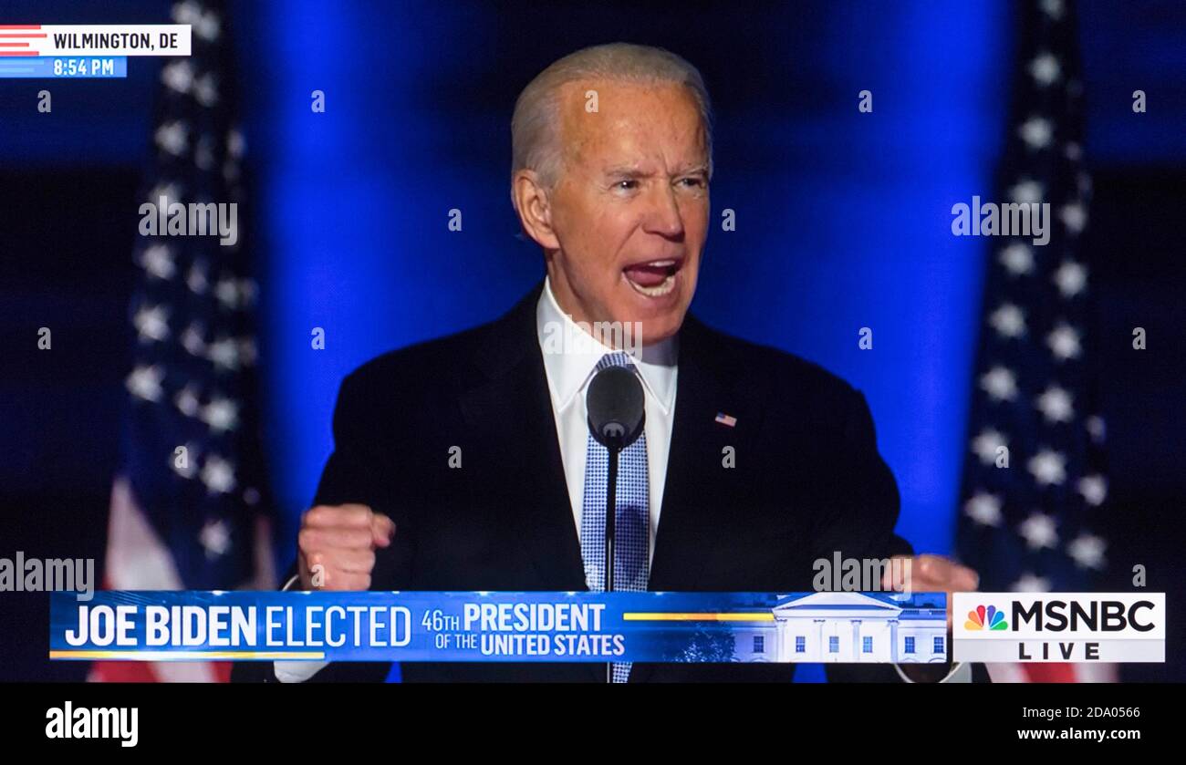Wilmington, Delaware, USA. 07th Nov, 2020. Screen grab from the MSNBC ...