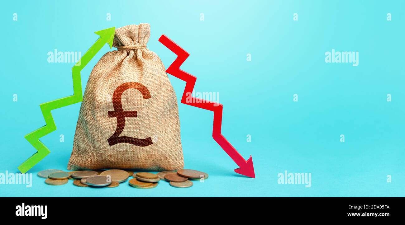 British pound sterling money bag and two arrows of profit loss. Income ...