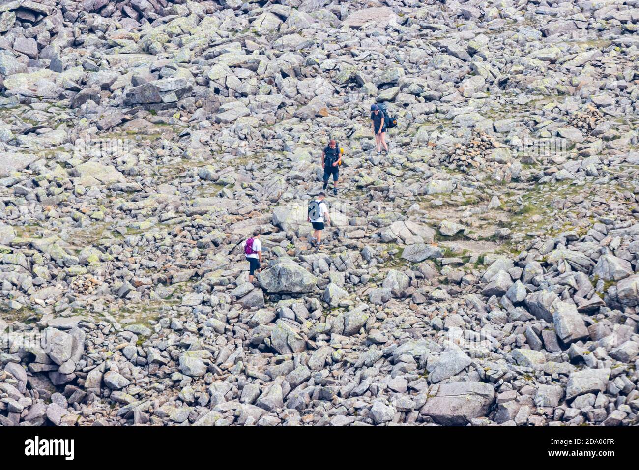 SCAFELL PIKE, ENGLAND - AUGUST 11 2020: Hikers on a ridge near the ...