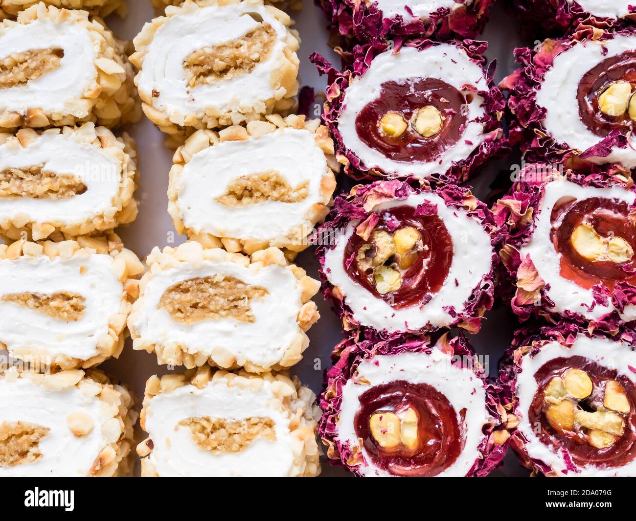 Turkish delight with nuts, pistachios, coconut and rose Stock Photo - Alamy