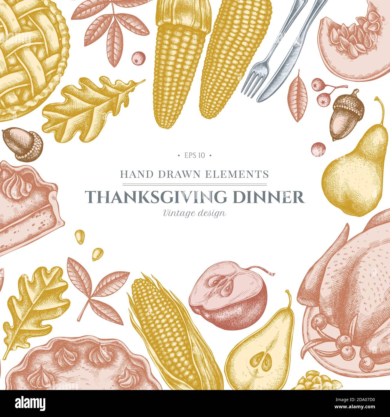 Design with pastel colored pumpkin, fork, knife, pears, turkey, pumpkin ...