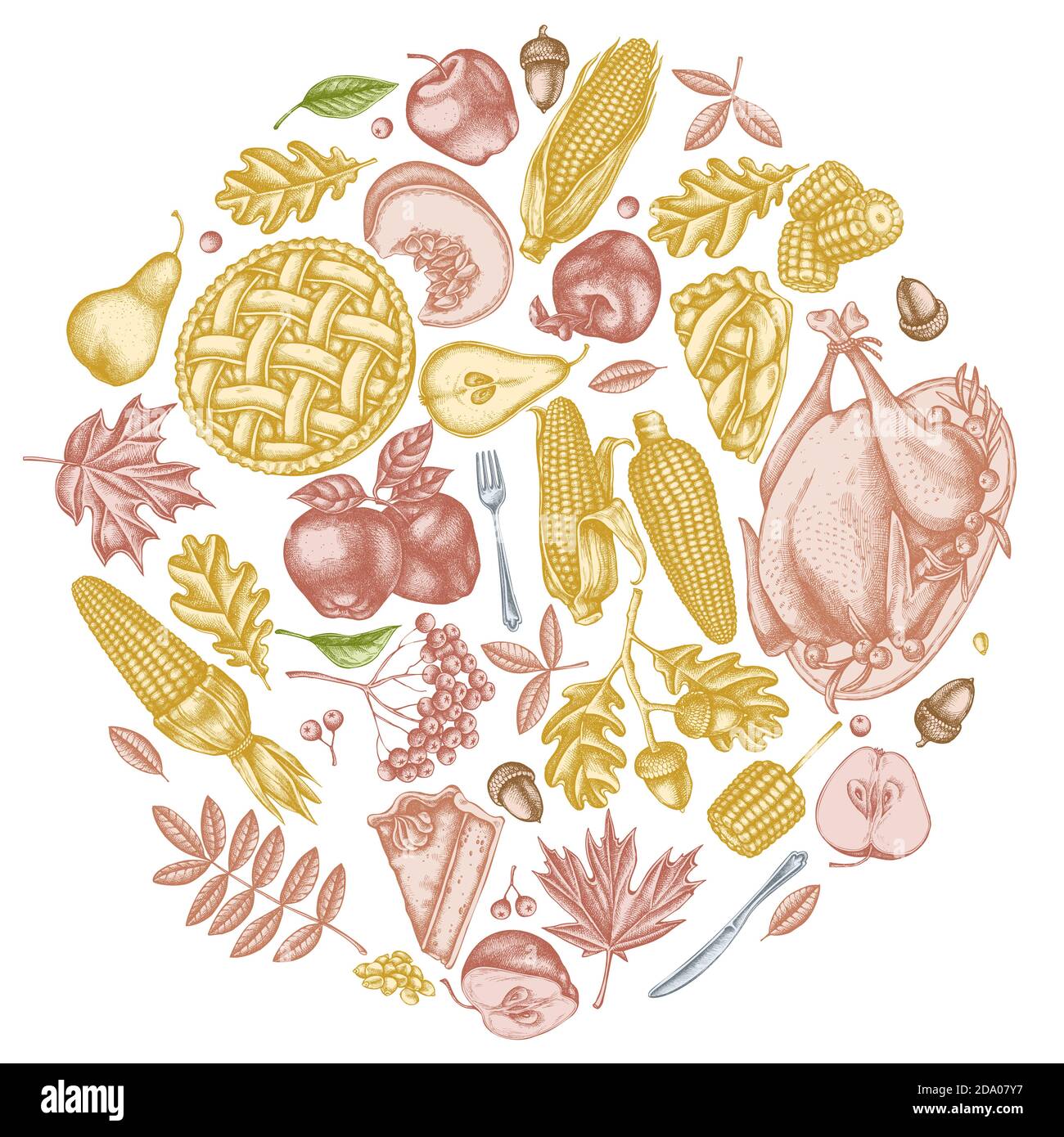 Round design with pastel pumpkin, fork, knife, pears, turkey, pumpkin ...