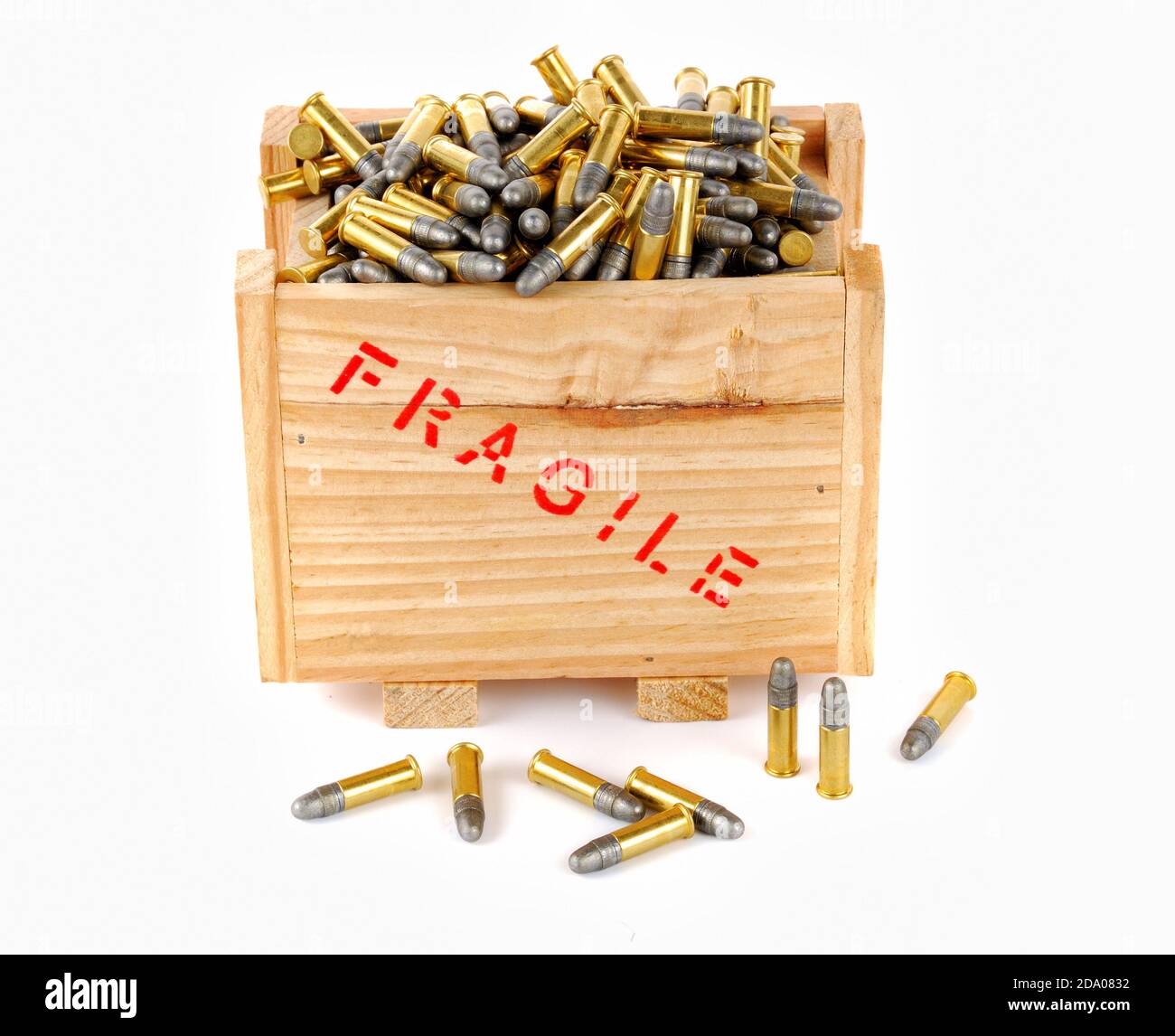 Ammunition bullets in wooden transport box with "fragile" text Stock ...