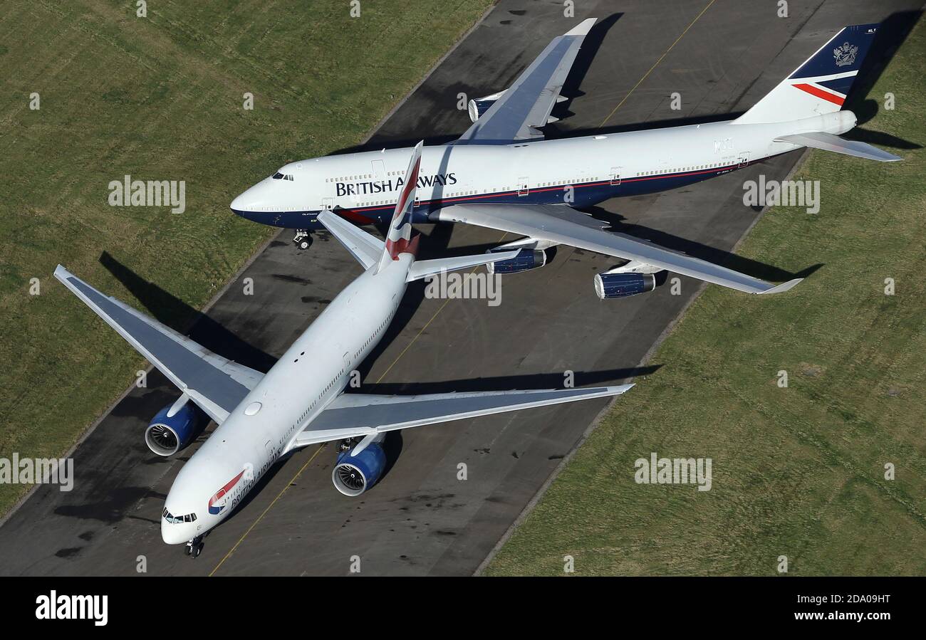 Aerial view of British Airways Boeing 747-400 Jumbo Jets at Cardiff ...