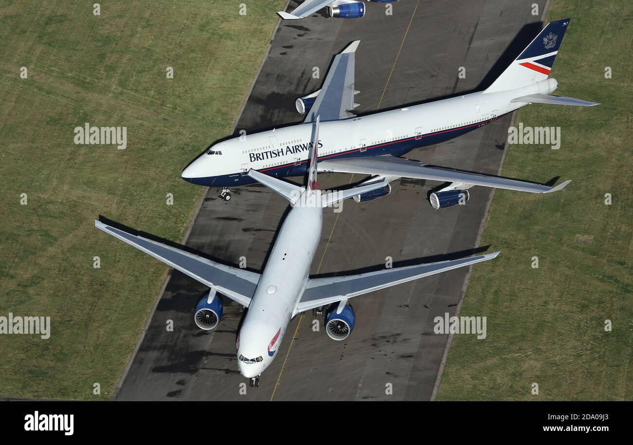 Aerial view of British Airways Boeing 747-400 Jumbo Jets at Cardiff ...