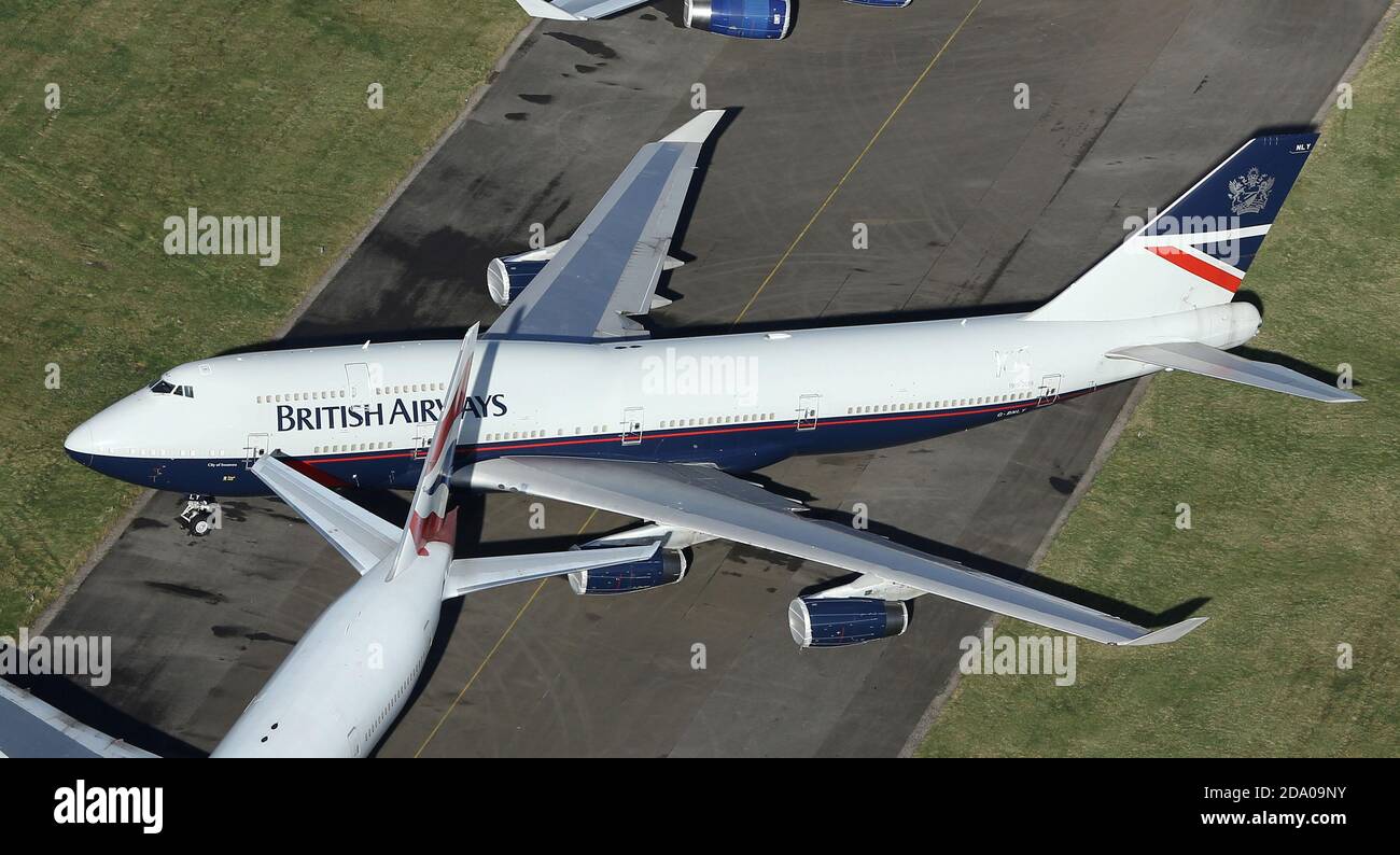 Aerial view of British Airways Boeing 747-400 Jumbo Jets at Cardiff ...