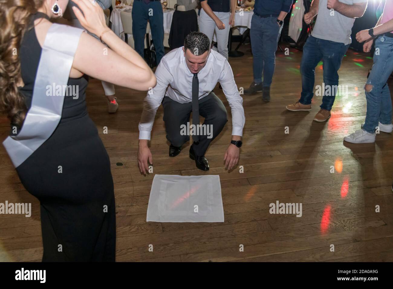 Portrait of young beautiful man dancing with restaurant in the ...