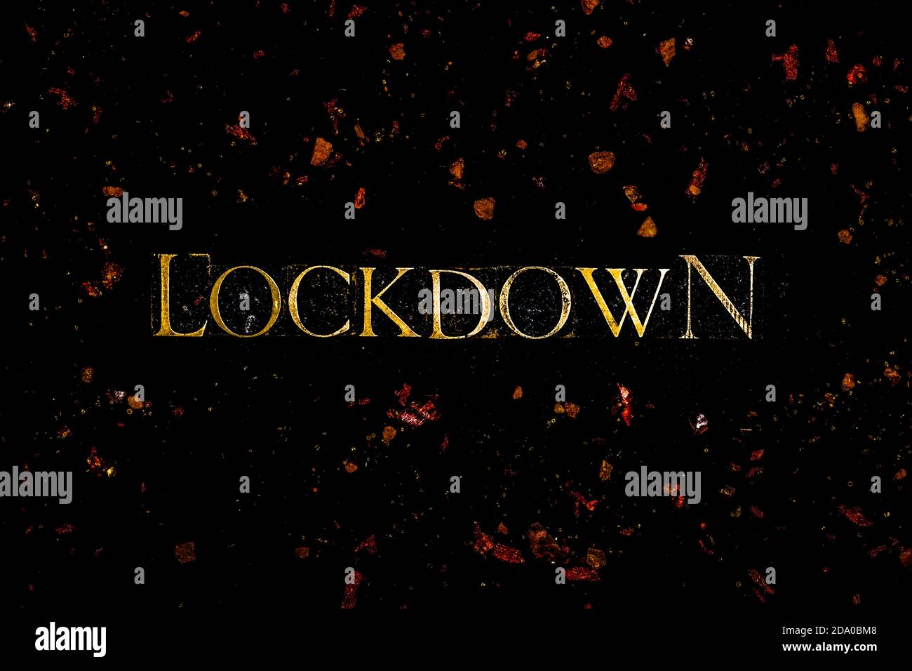 Lockdown text in neon letters on black background with red virus ...