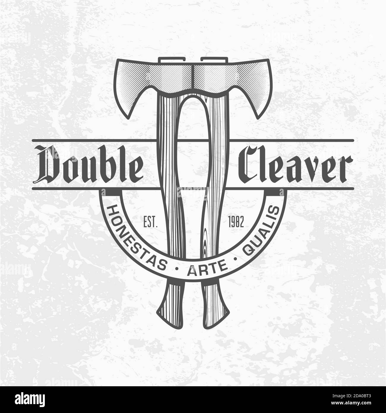 Monochrome two ax logo on light gray wall background. Double cleaver ...