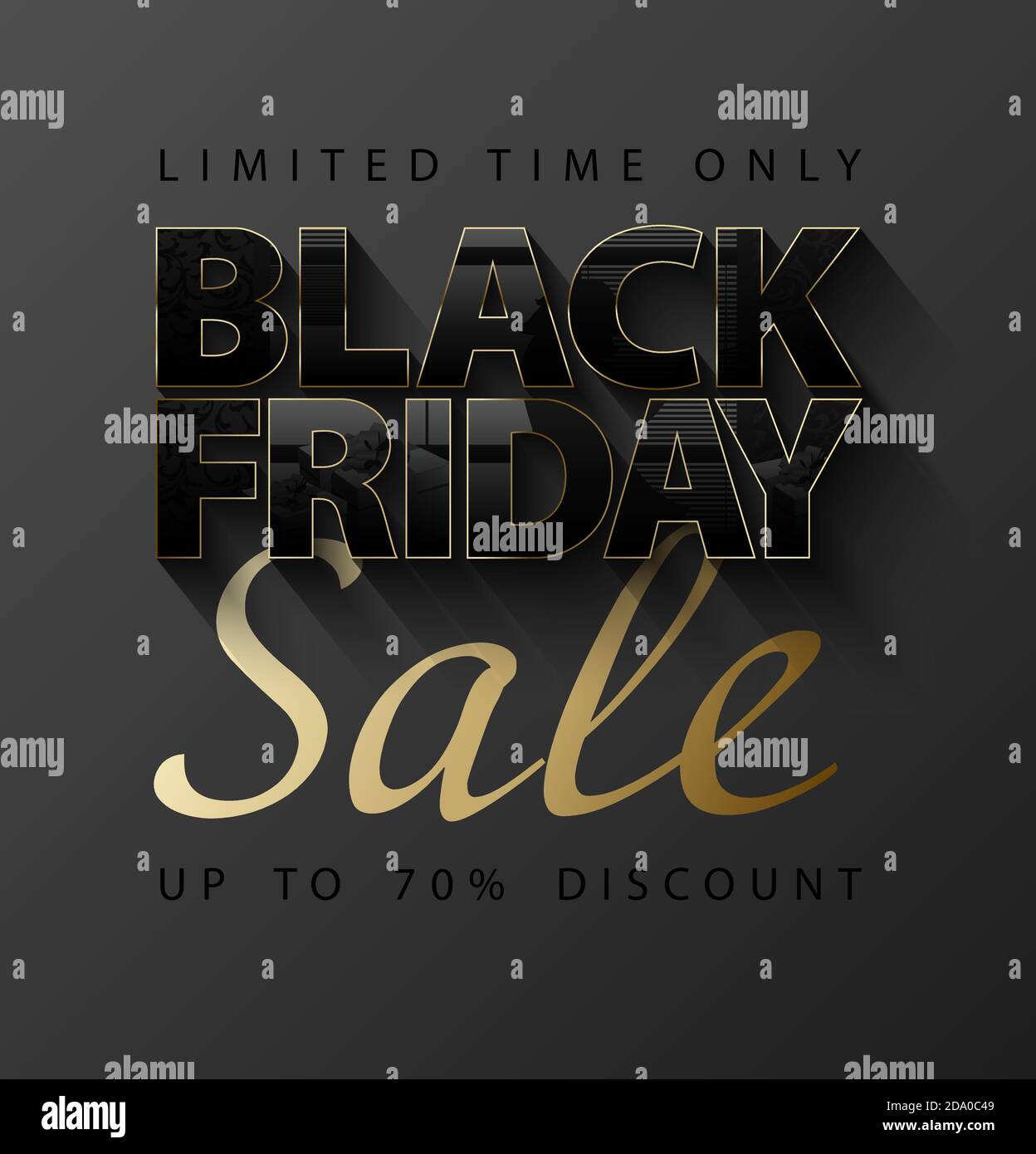 Black Friday Sale vector banner. Glossy black text with thin golden ...