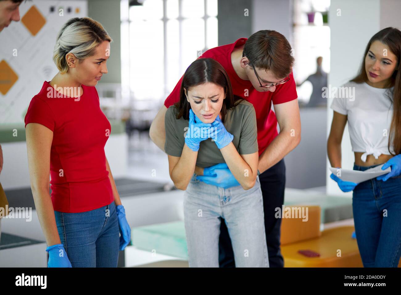 professional caucasian man instructor showing how to safe a life when ...