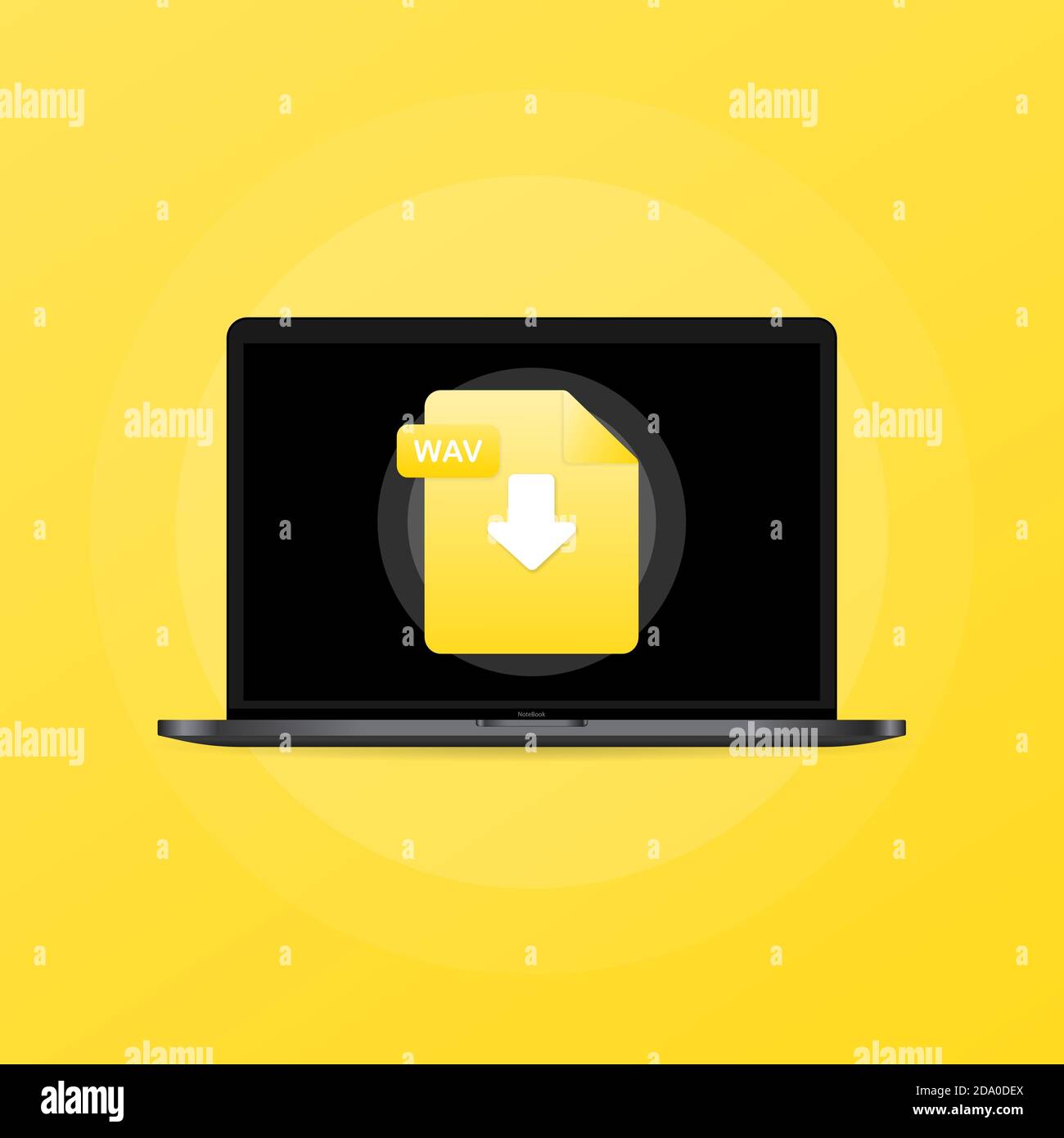 Laptop and download WAV file icon. Document downloading concept. WAV label and down arrow sign ...