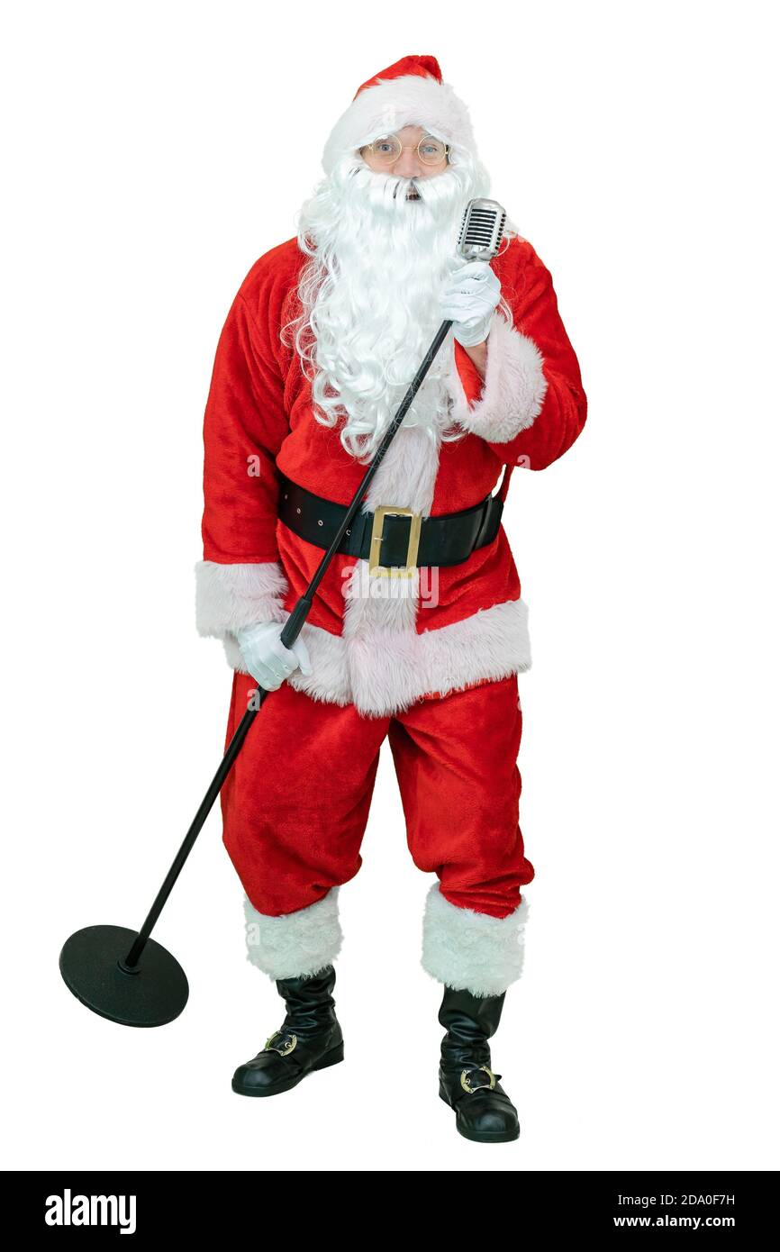 Santa sings to retro microphone. Santa Claus is singing to classic ...