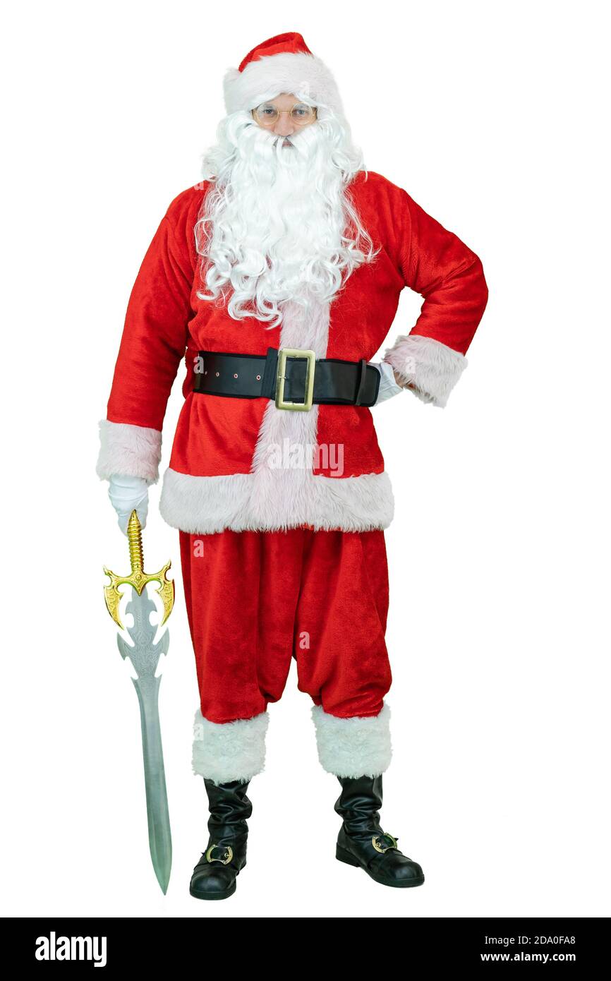 Santa holds sword. Santa Claus is holding sword on white background ...