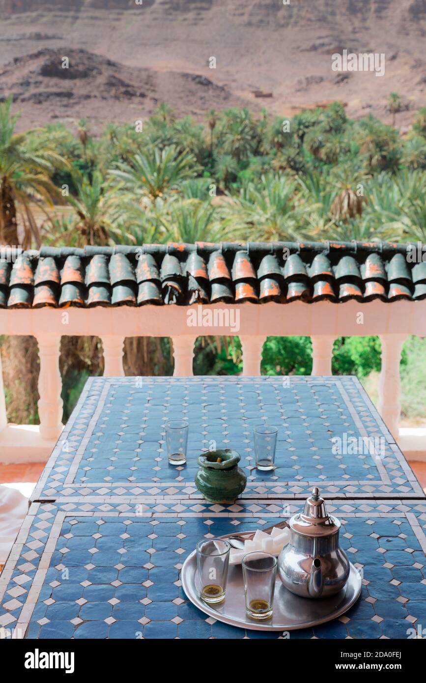 Moorish tea service on the hotel terrace. Hotel - Hostel "Oasis de Fint ...