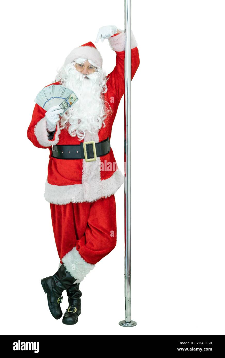 Santa is pole dancer, holds fan of dollars money, shows index finger ...