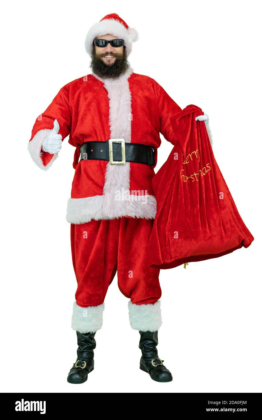 Santa with presents sack shows thumb finger up. . Arabic young Santa ...