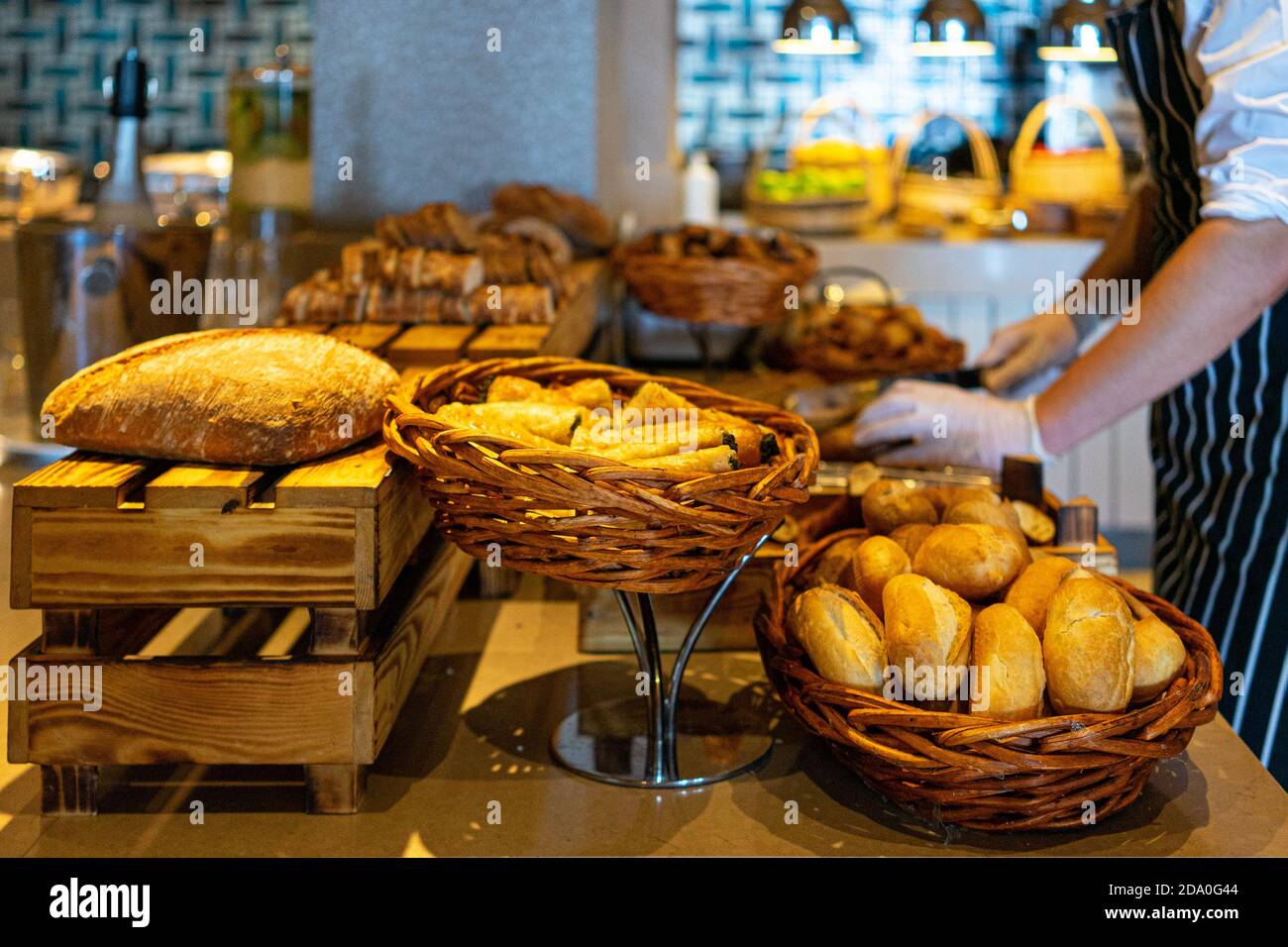 cutting board with bread self service table breakfast buffet in hotel ...
