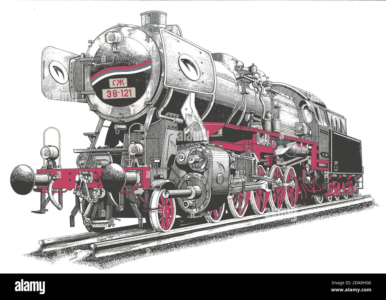 Large, elegant steam locomotive. The retro motif on white backgroun ...