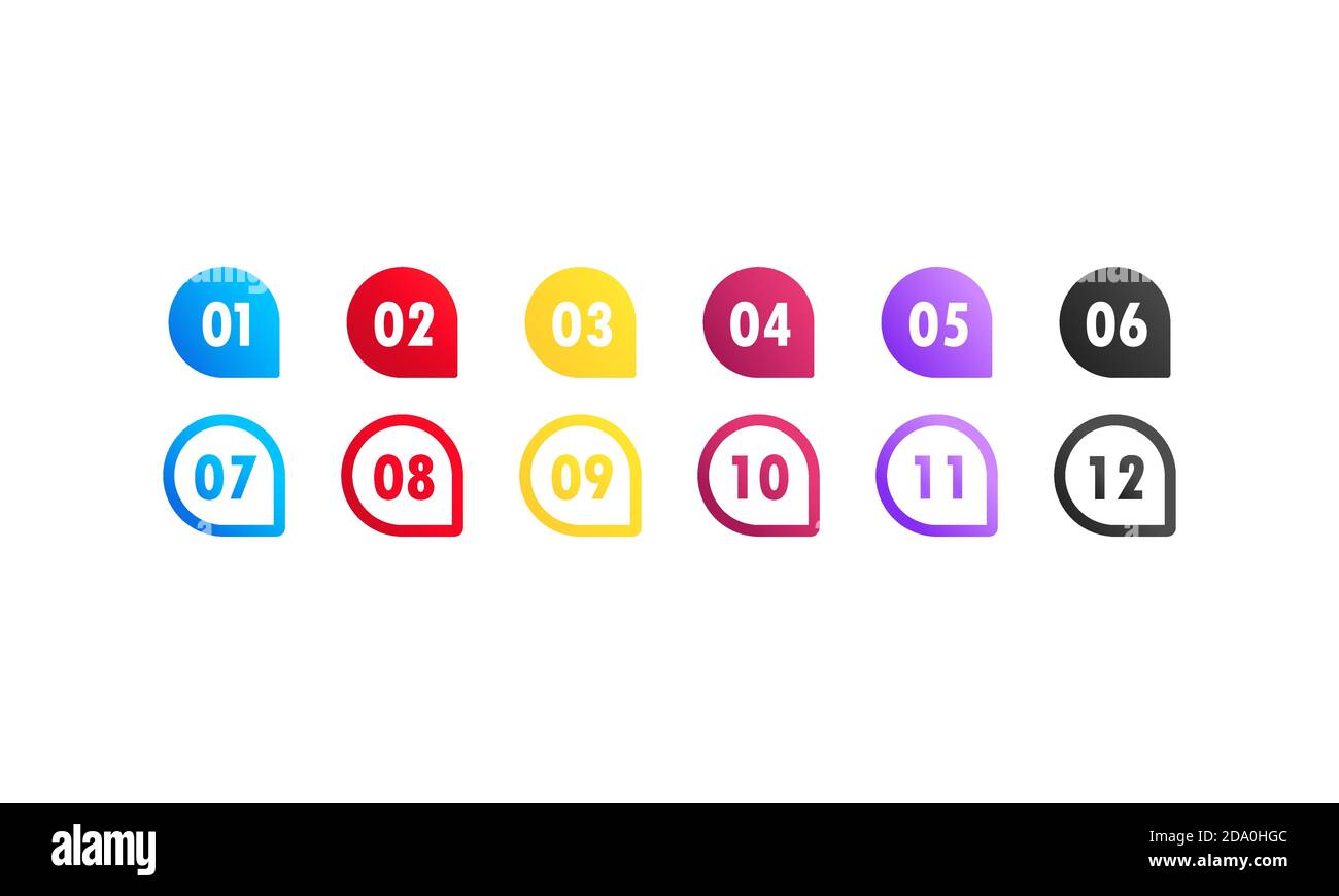 Vector arrow bullet point colorful gradient 3d markers with number 1 To 12. Vector on isolated ...