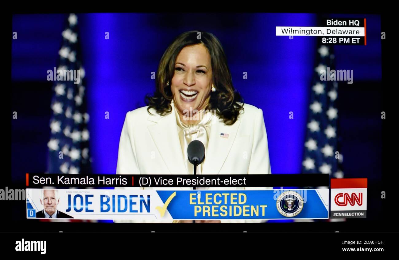 A TV screen shot of the CNN broadcast of vice president-elect Kamala ...